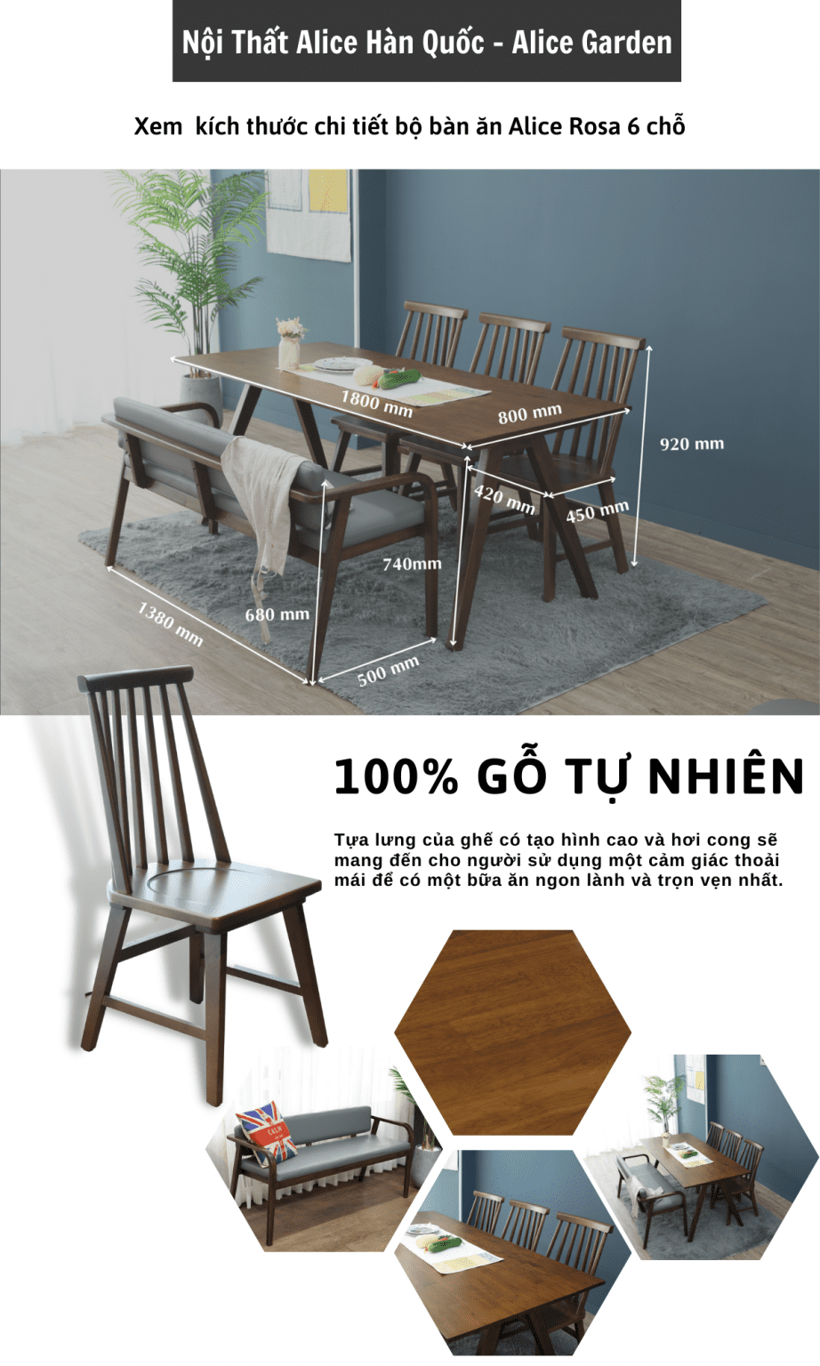 Bộ bàn ăn Alice Rosa 4-6 chỗ - Nội thất Hàn Quốc