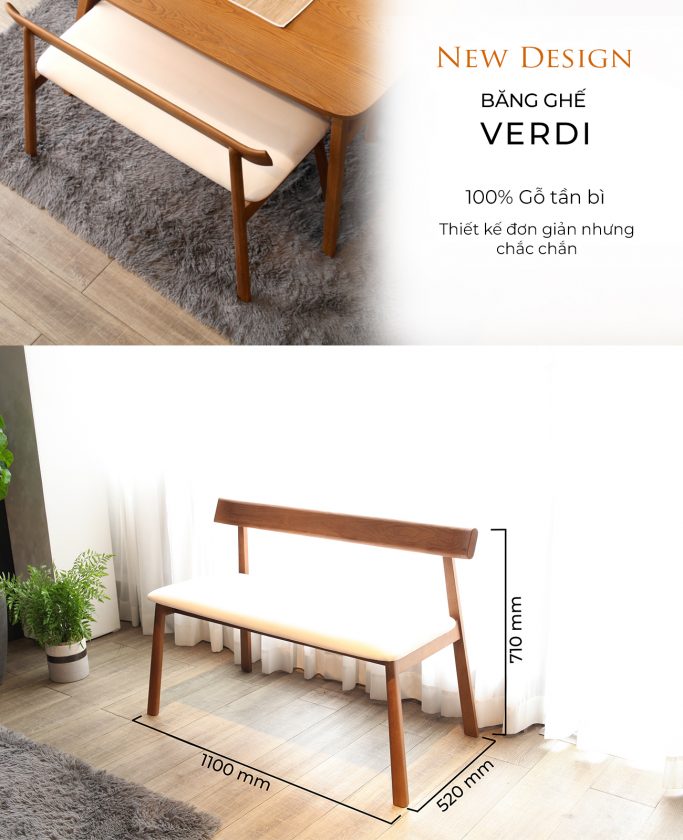 Q65 - Băng ghế dài cho bàn ăn Verdi 4 chỗ - Nội thất Hàn Quốc